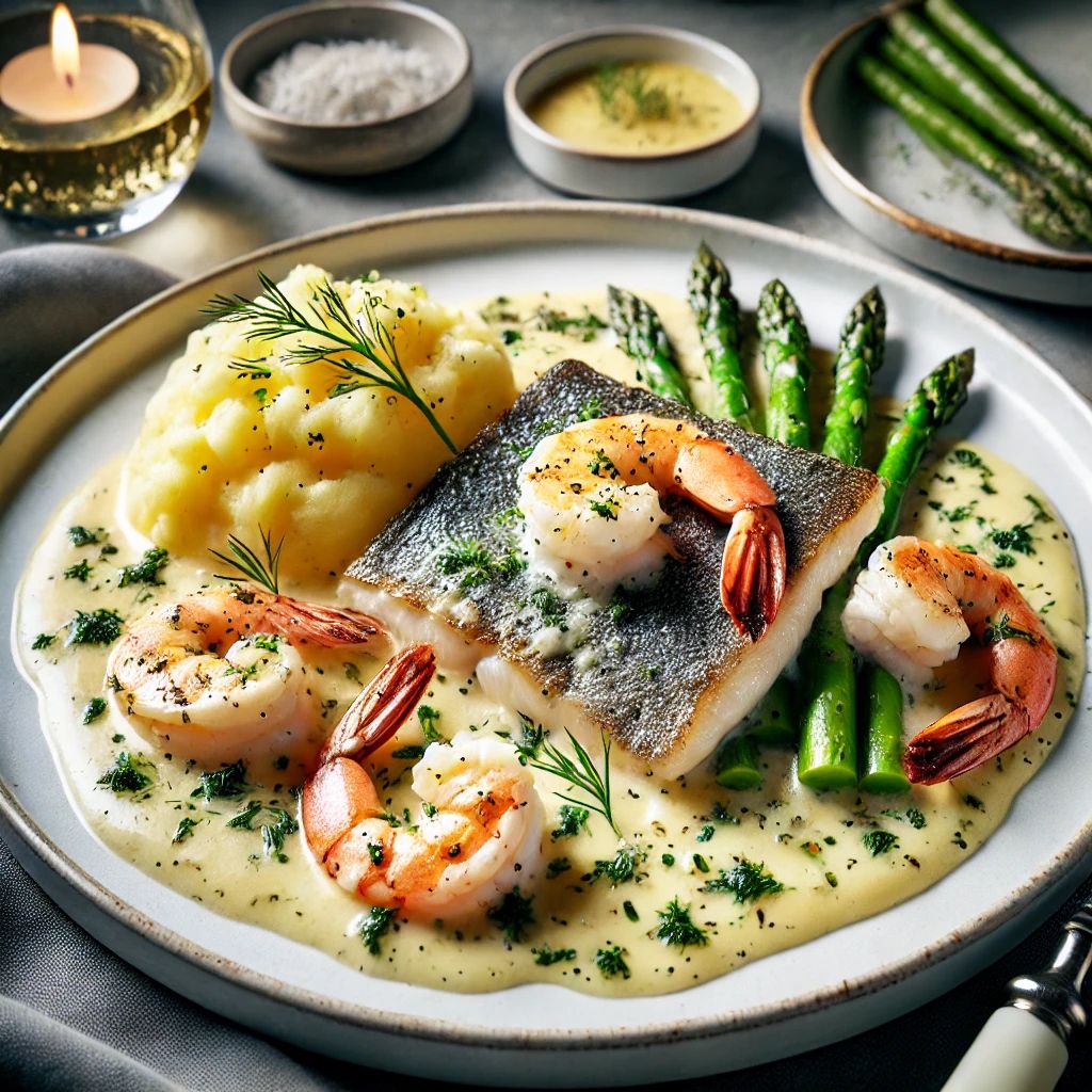 Ugnsbakad rödtunga med vitvinssås och räkor - Fiskbilen.se